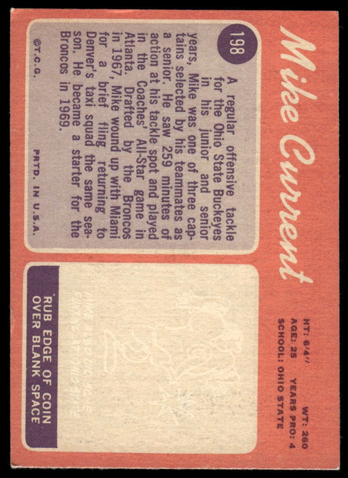 1970 Topps #198 Mike Current Rookie Denver Broncos Near Mint or Better ...