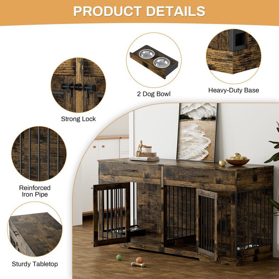 72" Large Wooden Dog Crate Furniture for 2 Dogs with 2 Storage Drawer ...