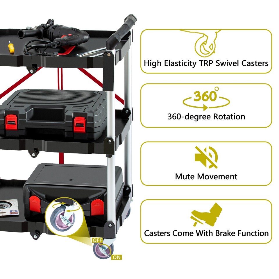 TECSPACE 3-Tier Black Portable Fold Up Rolling Cart for Home ...