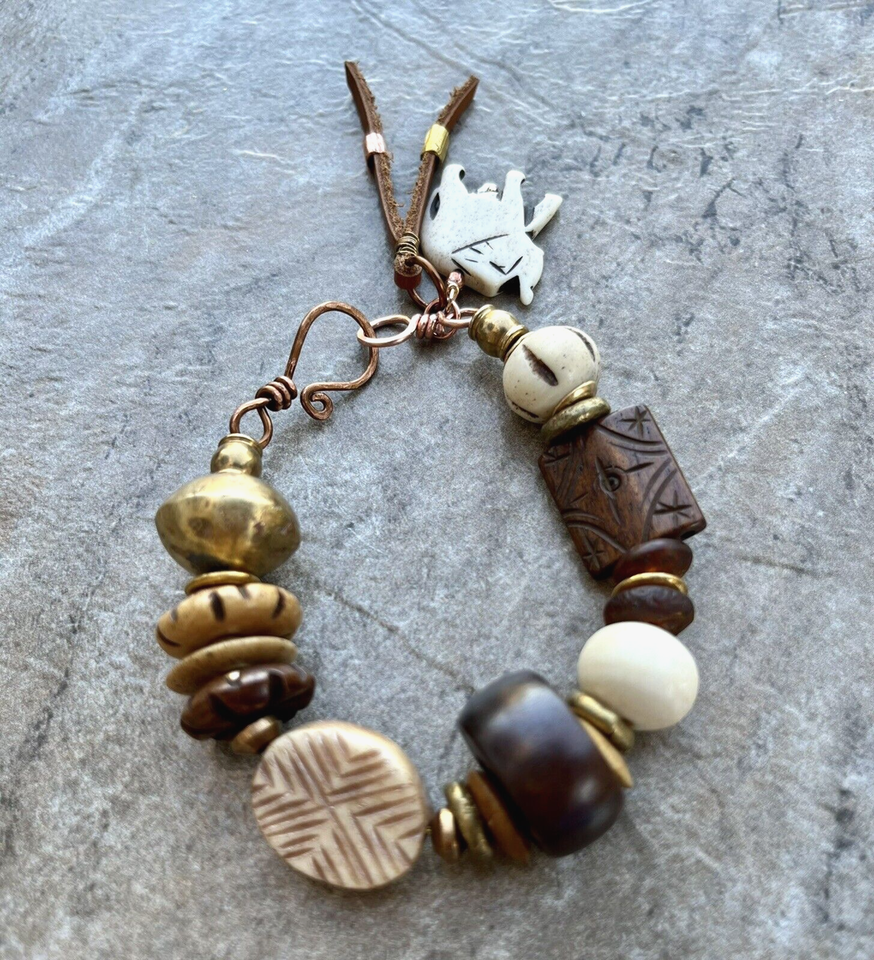 Tribal Boho Bracelet Water Buffalo Bone African Trade Brass Ethnic | eBay