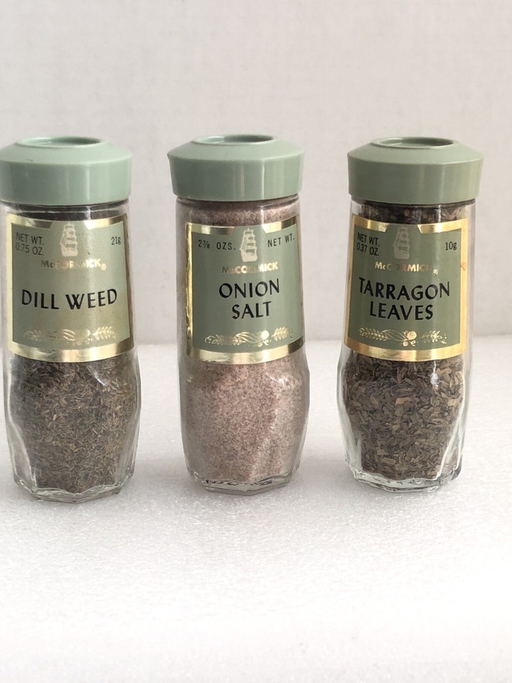 Vintage McCormick Spices Green Lid Labels Dillweed Onion Salt Tarragon ...