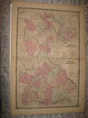 HUGE ANTIQUE 1862 GERMANY JOHNSON HANDCOLORED MAP BAVARIA WESTPHALIA ...