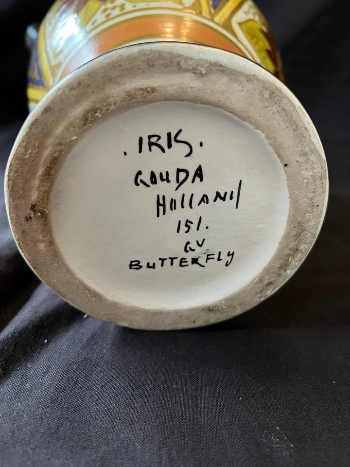 antique dutch Gouda pottery vase. Approx 1920. Several marks. decor ...