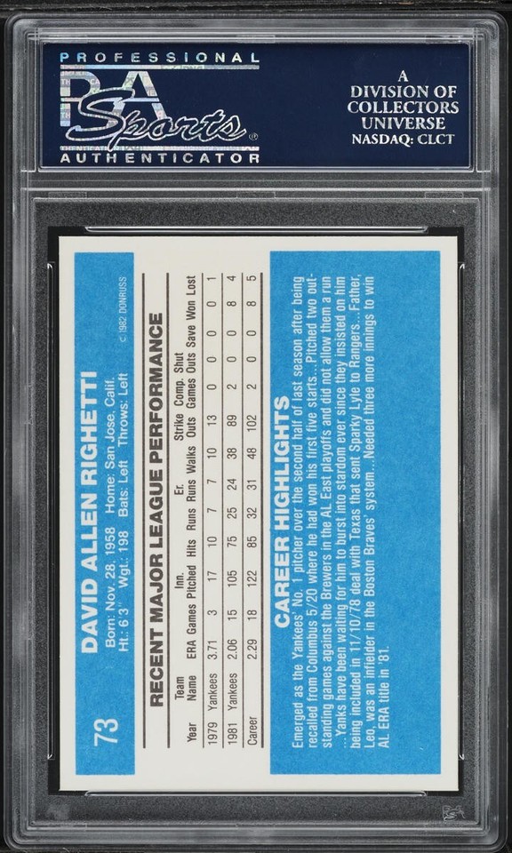 1982 Donruss Dave Righetti Rookie RC #73 PSA 10 GEM MINT | eBay