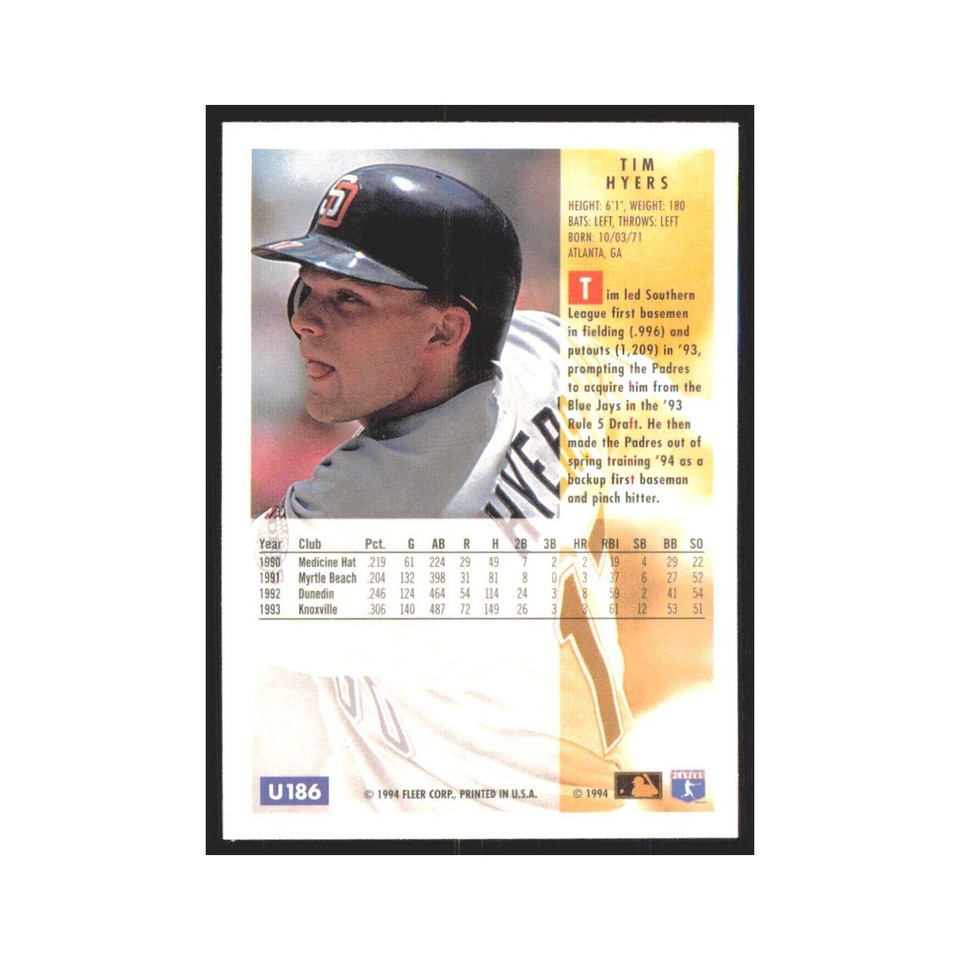 Tim Hyers Rookie 1994 Fleer Update #U186 San Diego Padres Baseball Card ...