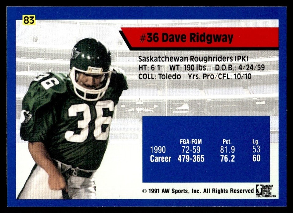 1991 All World CFL Dave Ridgway Saskatchewan Roughriders #83 | eBay