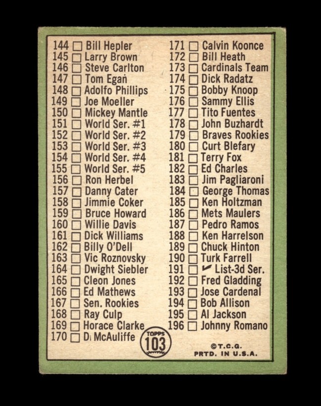 1967 Topps Set-Break #103 Checklist Mantle VG-VGEX *GMCARDS* | eBay