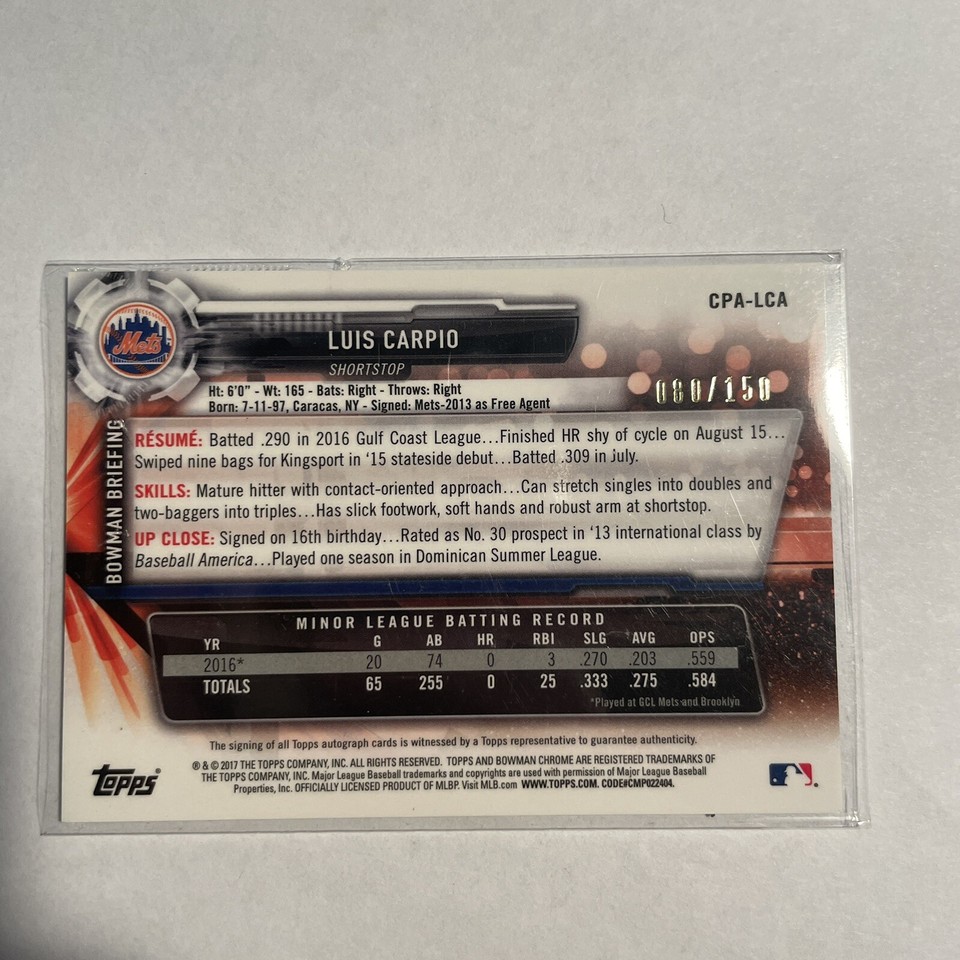 Luis Carpio 2017 Bowman Chrome Blue 1st Rookie Auto Card /150 Mets | eBay