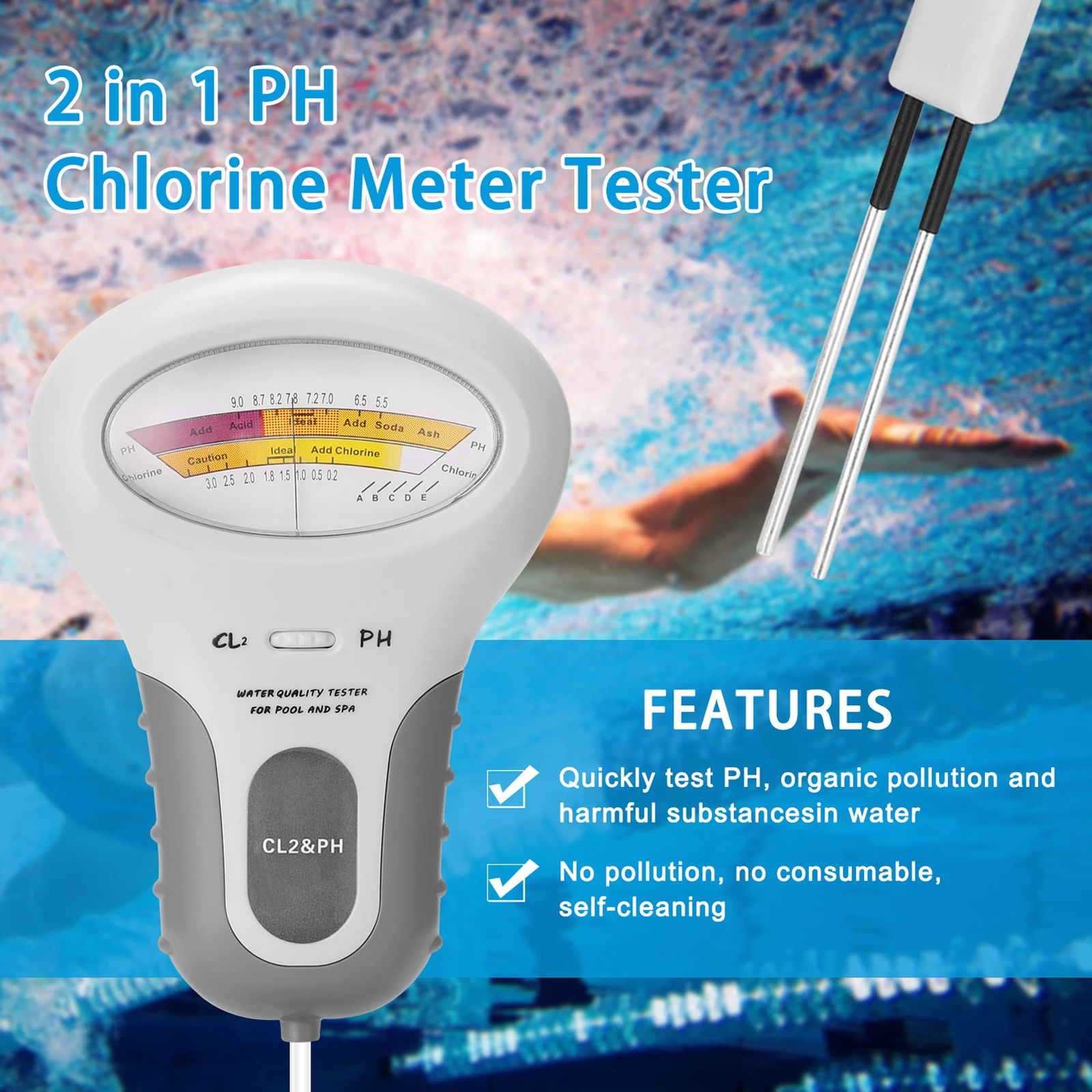 Portable Water Quality Tester Digital 2 in 1 PH & Chlorine Level CL2 ...