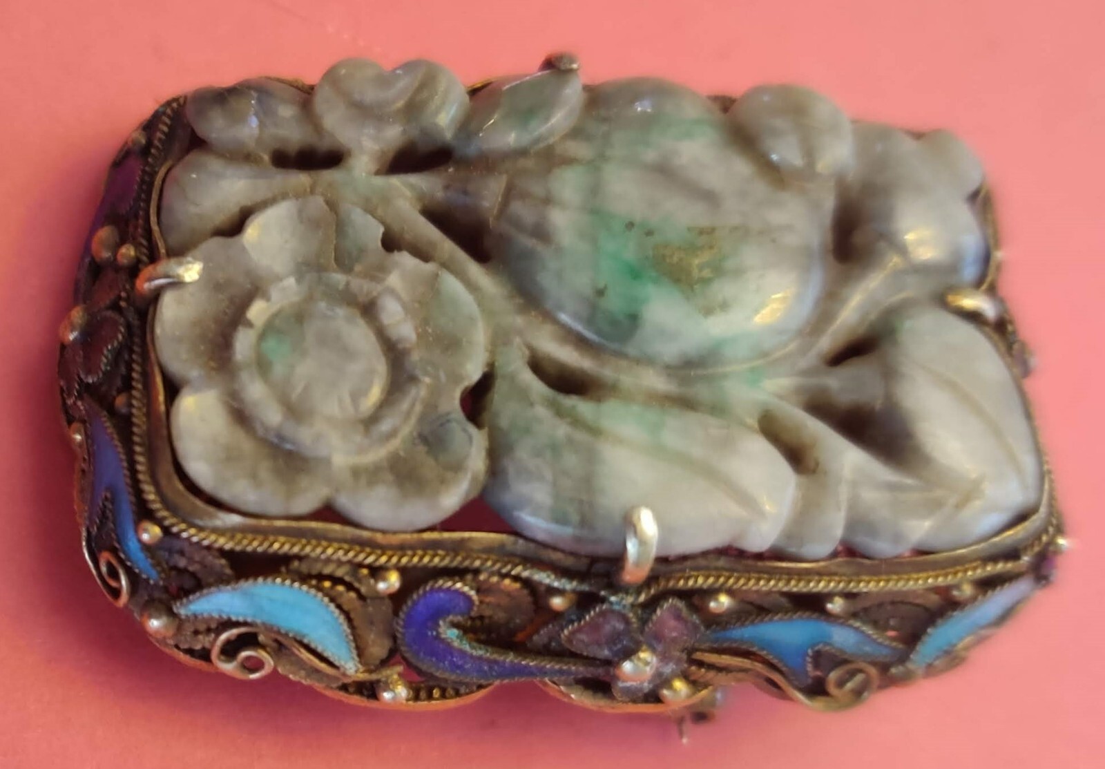 Antique Chinese Jade Brooch Carved Flower Plum Enamel… - Gem