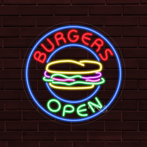NEW "BURGERS OPEN" w/LOGO 26x26x1 INCH LED FLEX WINDOW/WALL INDOOR SIGN ...