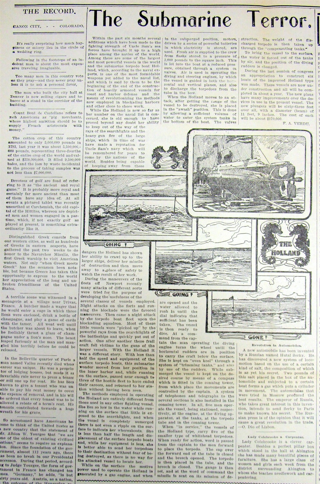 1900 Colorado newspaper w INVENTION of the early military SUBMARINE The ...