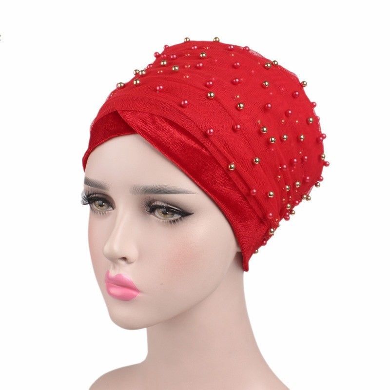 Luxury Women Gold Beaded Mesh Head Wrap Velvet India Turban Hijab Long ...