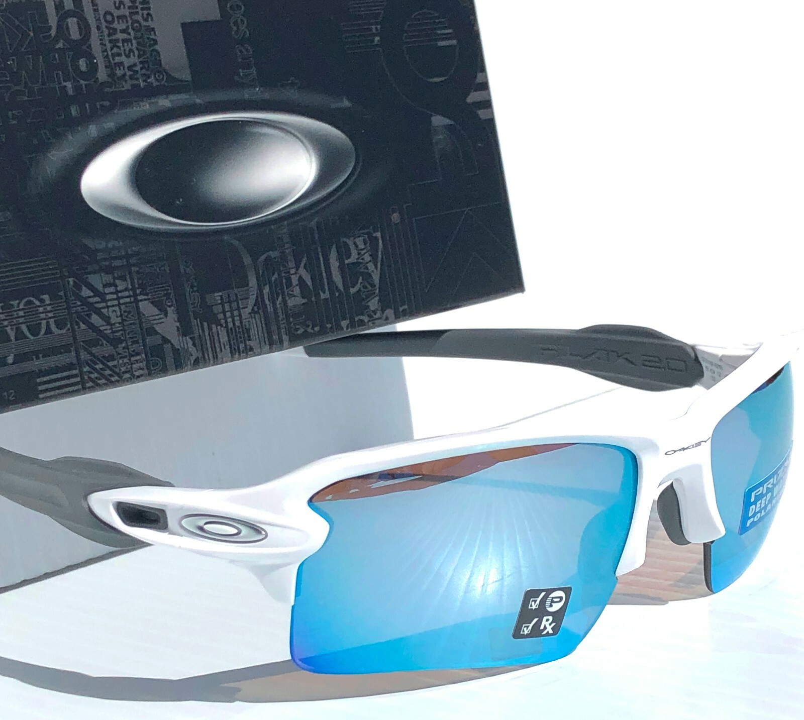 NEW* Oakley FLAK JACKET 2.0 White POLARIZED Deep Water Blue XL Sunglass ...