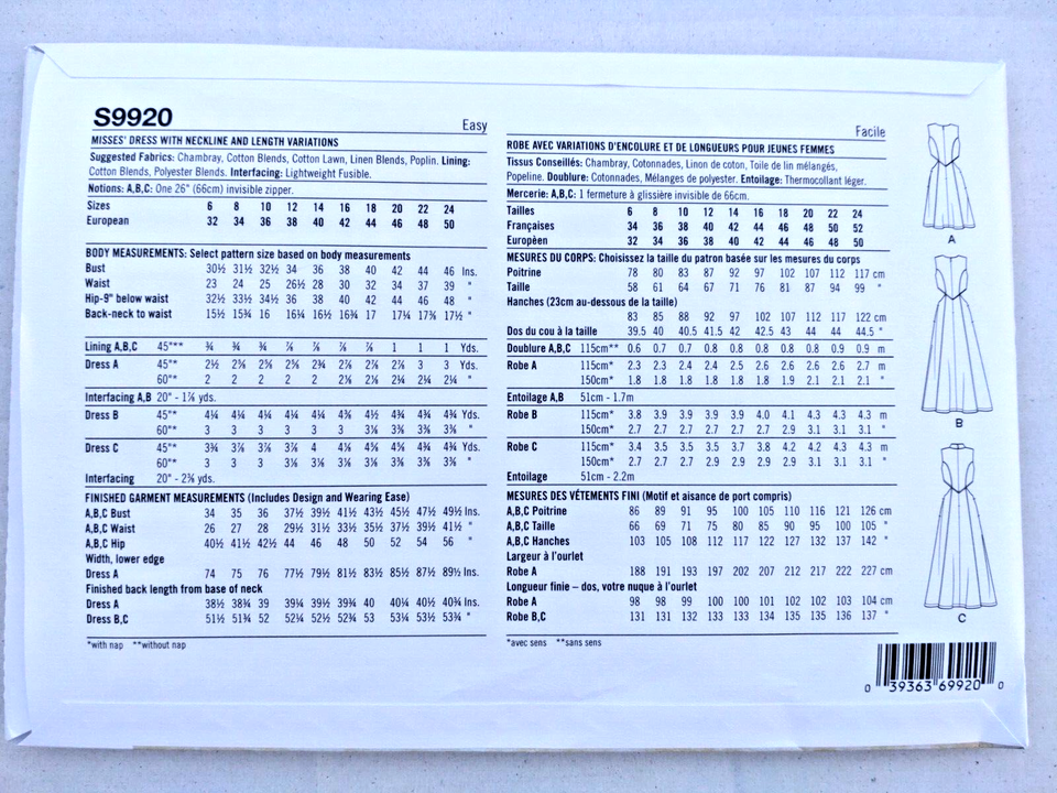 Simplicity S9920 Easy Misses Side Cut-out Dress Sew Pattern 9920 Size 6 ...