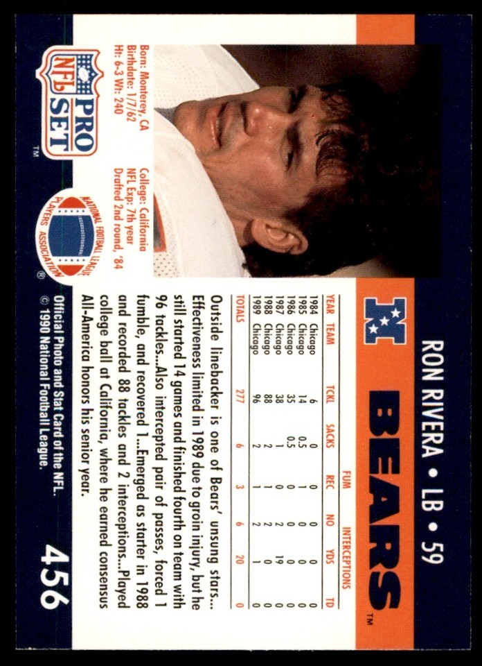 1990 Pro Set Ron Rivera Chicago Bears #456 | eBay