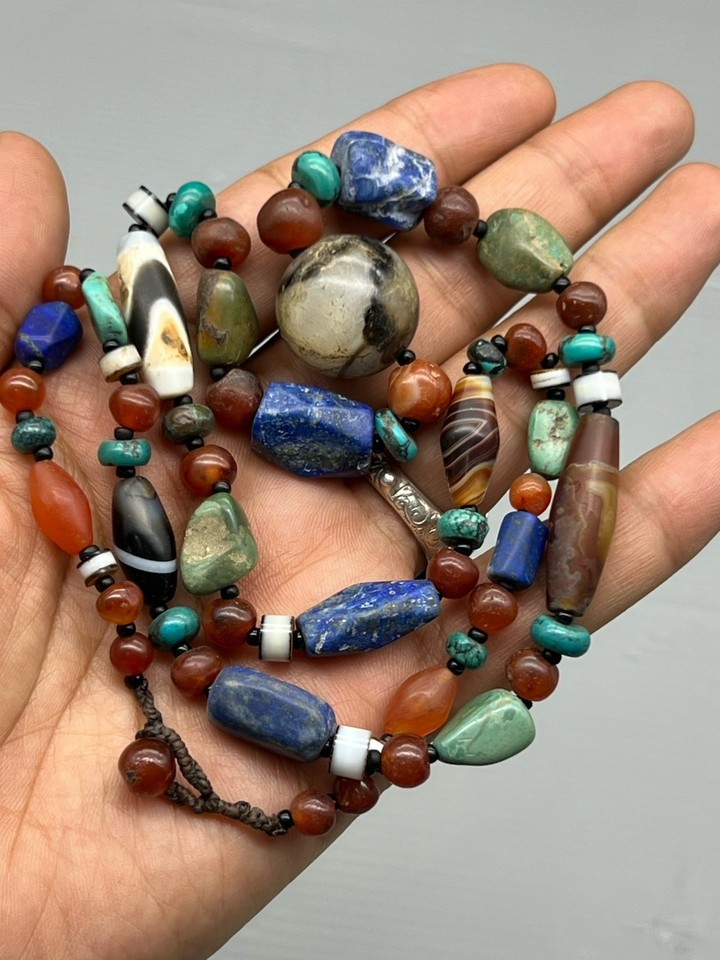 Vintage Used Beads Necklace Asia Nepal Banded Agate Turquoise Lapis ...
