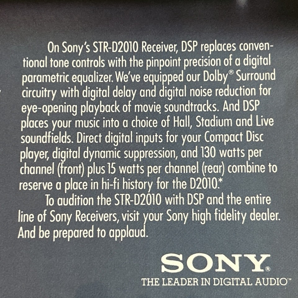 1990 Sony Digital Signal Processing Receiver STR-D2010 90s Vintage DSP ...