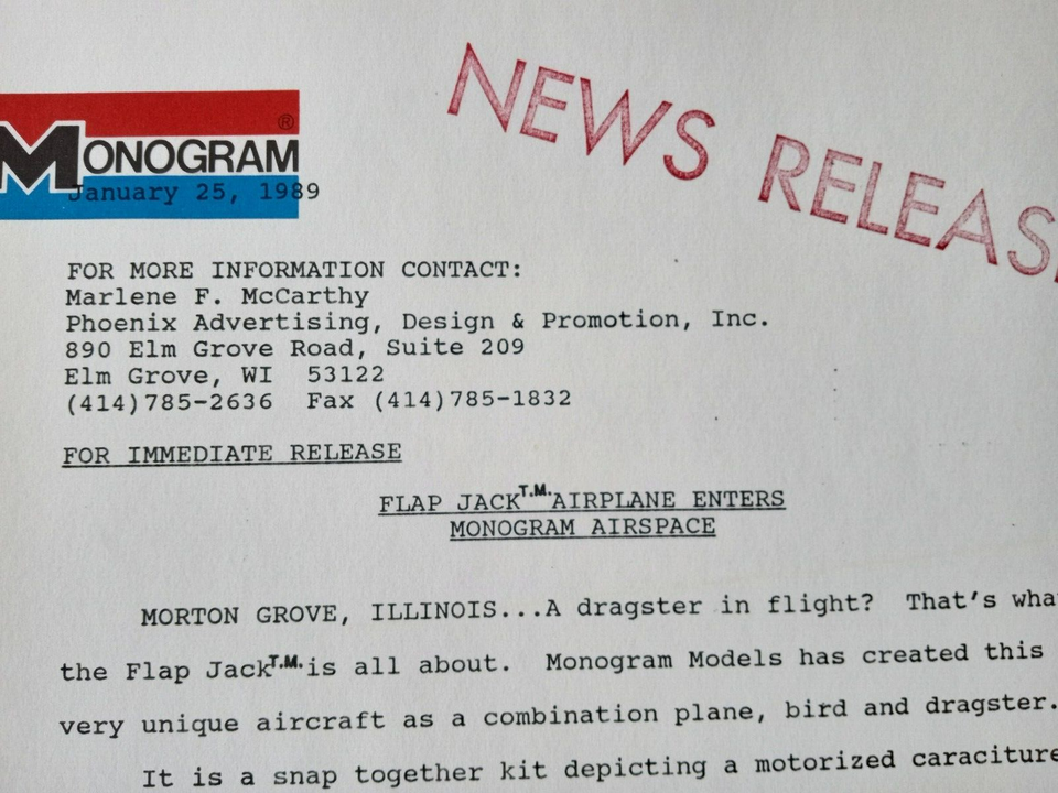 1989 Monogram Toy Fair PRESS RELEASE New Motorized Flap Jack Airplane & Photo | eBay