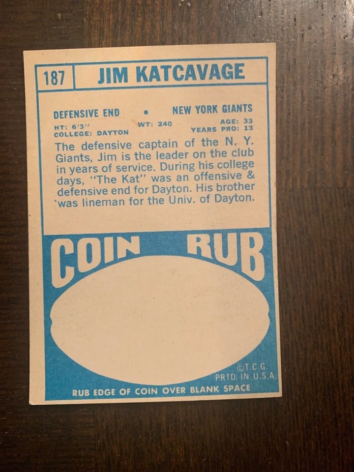 1968 topps football Jim Katcavage#187 De New York Giants College Dayton ...