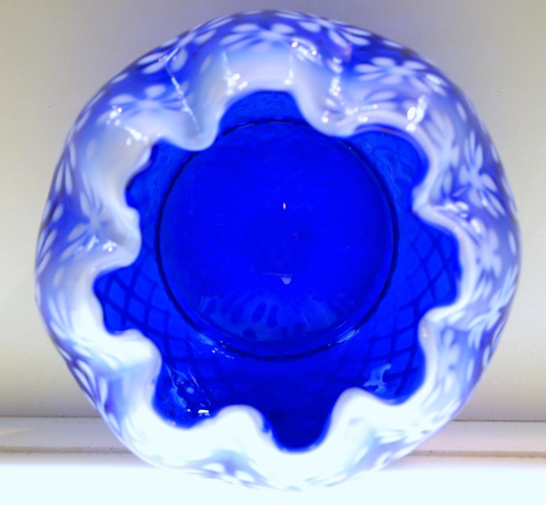Fenton L G WRIGHT ROSE BOWL Cobalt Blue SNOWFLAKES 4 1/2"T x 6 1/2"W ...