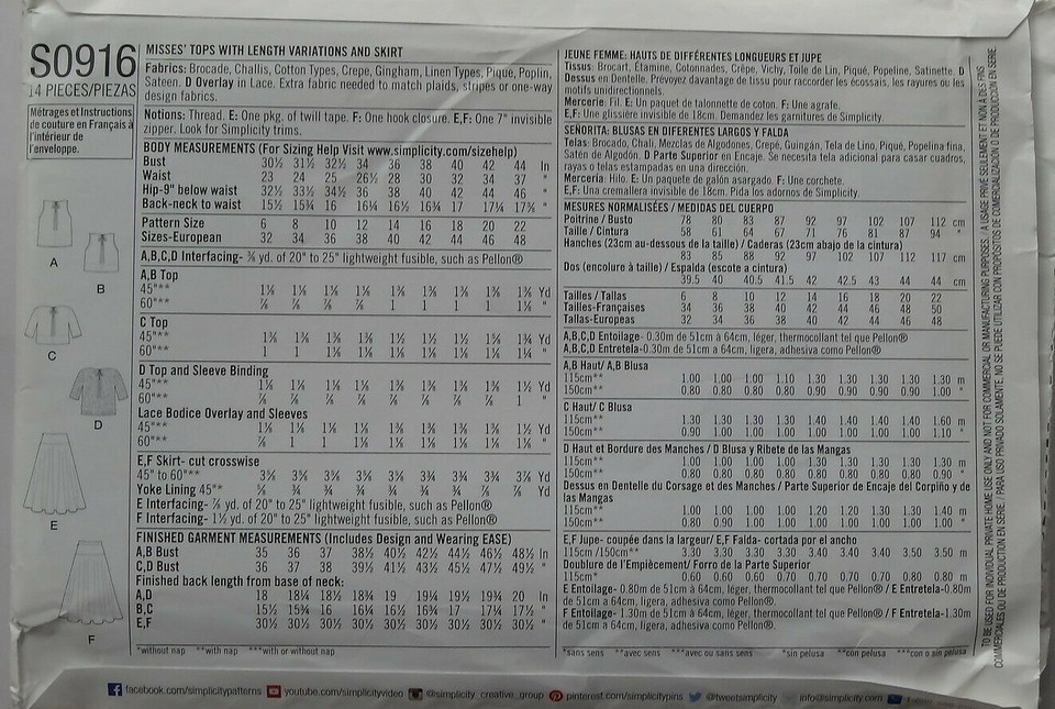 Simplicity 8128 MISSES TOPS w/LENGTH VARIATIONS & SWING SKIRT PATTERN ...