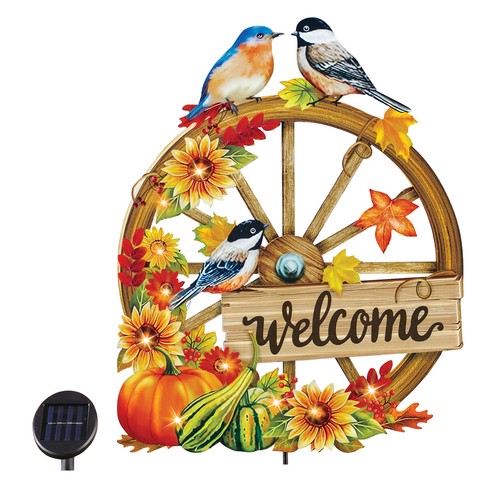 Solar Powered Autumn Birds Welcome Wagon Wheel Stake | eBay