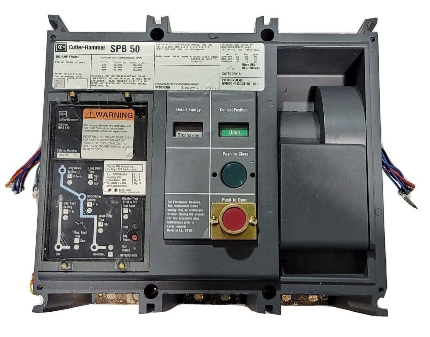 NEW CUTLER HAMMER SPB 50 CIRCUIT BREAKER SPBSR38R 800A DIGITRIP RMS 510 ...