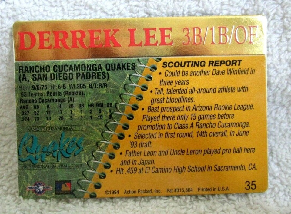DEREK LEE 1994 ACTION PACK BATTING POSE ROOKIE CARD#35!PADRES 1B RC ...