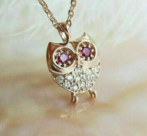 0.50CT Simulated Ruby OWL Charm Adorable Pendant Necklace 14k Yellow ...