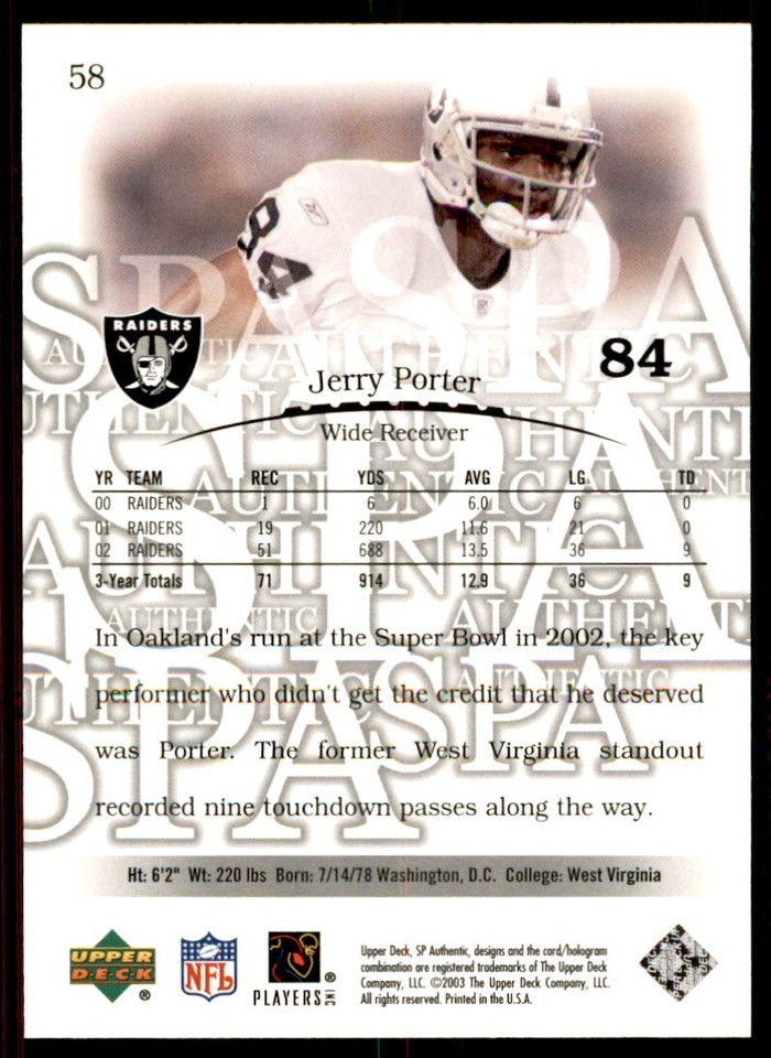 2003 SP Authentic #58 Jerry Porter | eBay
