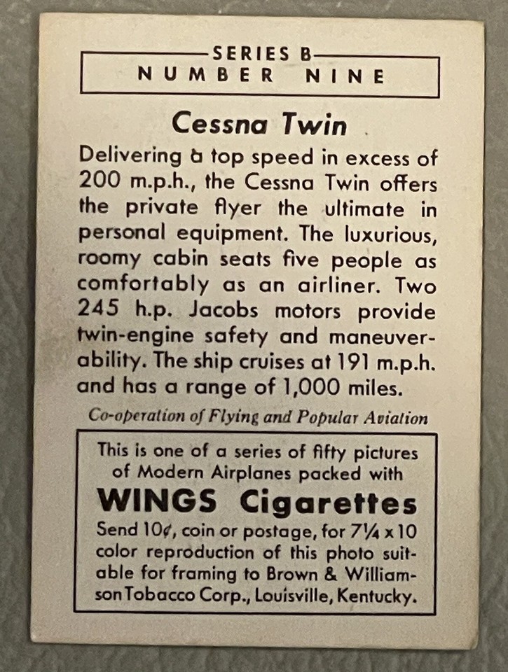 Wings Cigarettes Cessna Twin Series B #9 | eBay