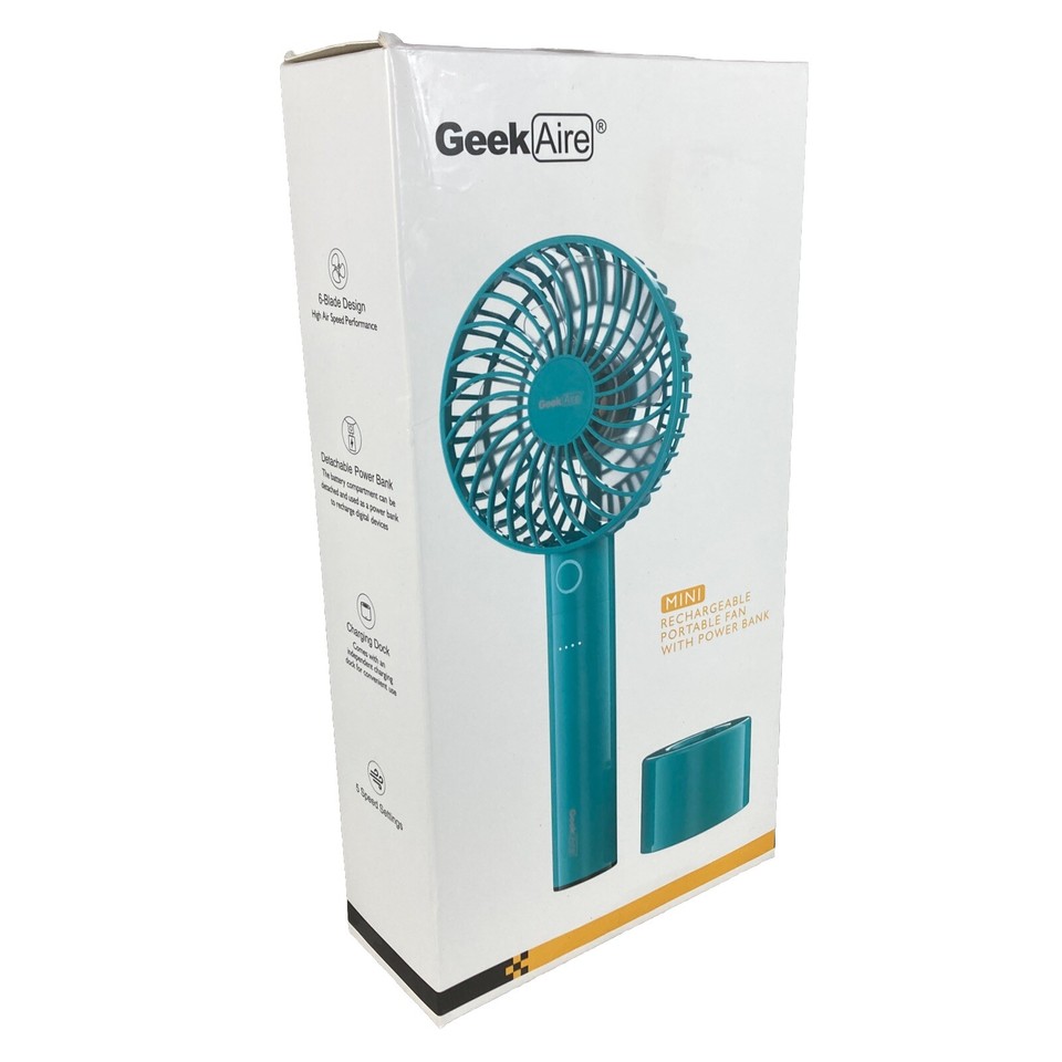 Geek Aire Mini Rechargeable Portable Fan + Power Bank 6 Blade 5 Speed ...