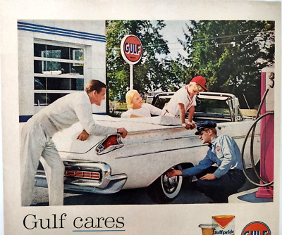 Gulf Cares 1959 Ad Magazine Print Attendant Service Station Oil Car ...