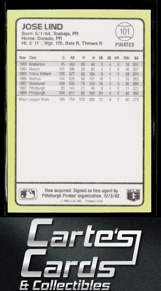 Jose Lind 1989 Donruss Baseball's Best #101 Pittsburgh Pirates | eBay