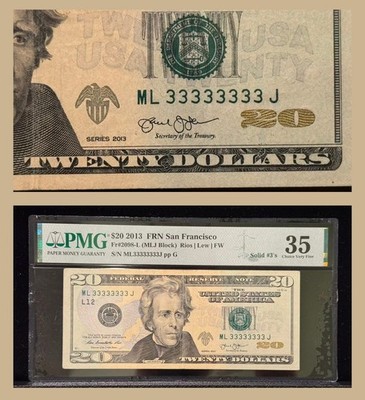 ***SOLID SERIAL NUMBER 3*** 2013 $20 FRN PMG 35 FR2098 FANCY SERIAL S/N ...