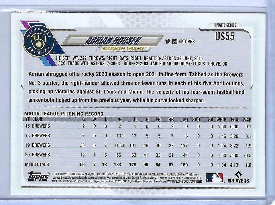 2021 Topps Adrian Houser Rainbow Foil #US55 Brewers A610 | eBay