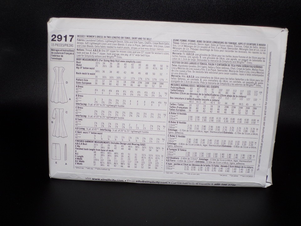 🌼 SIMPLICITY #2917 - LADIES DRESS - TOP & SKIRT PATTERN 10-18 / 20W-28W ...