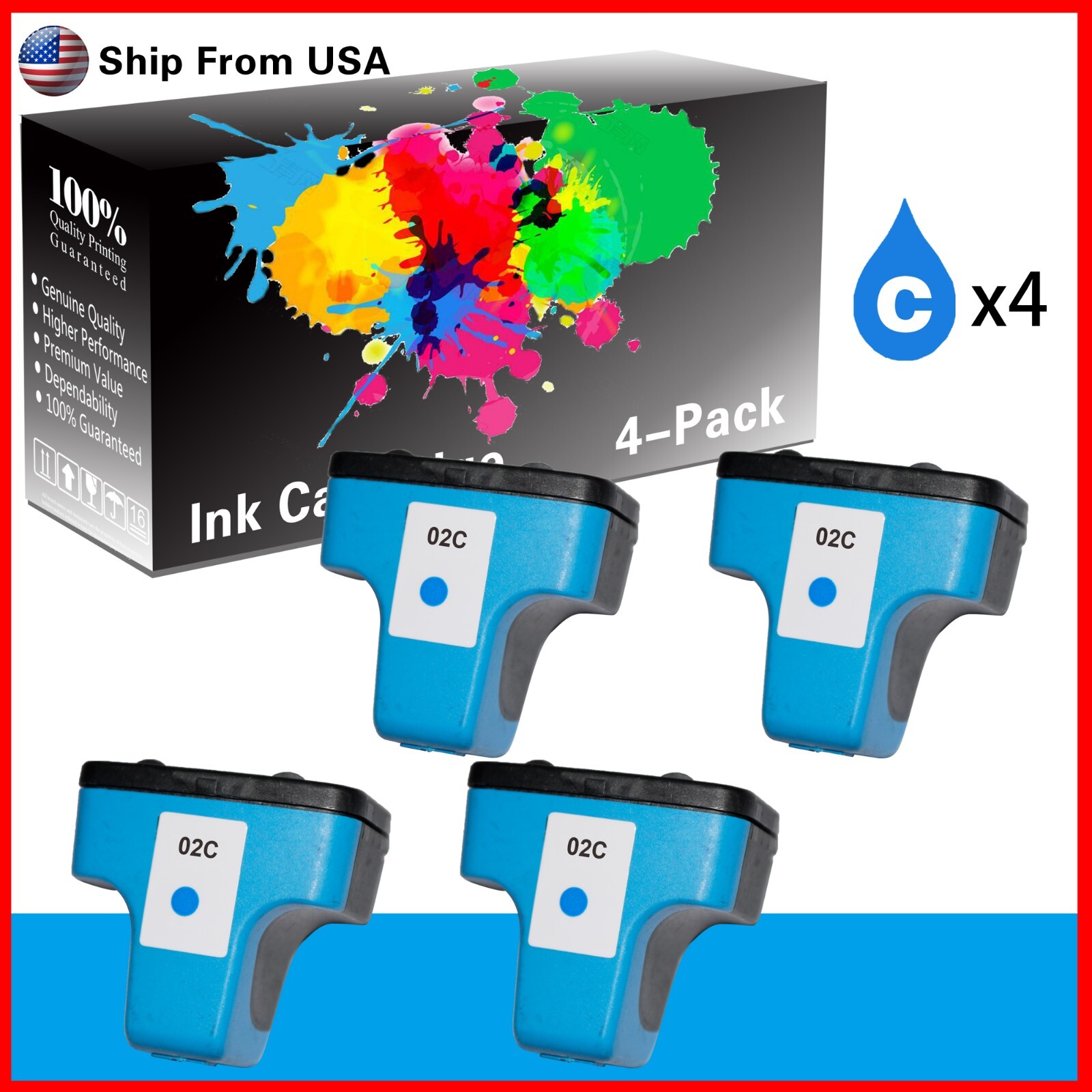 4PK 02 XL Cyan Ink Cartridge for PhotoSmart C6288 C7150 C7180 Printer ...