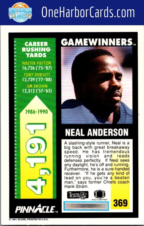 1991 Pinnacle Chicago Bears Football Card #369 Neal Anderson | eBay