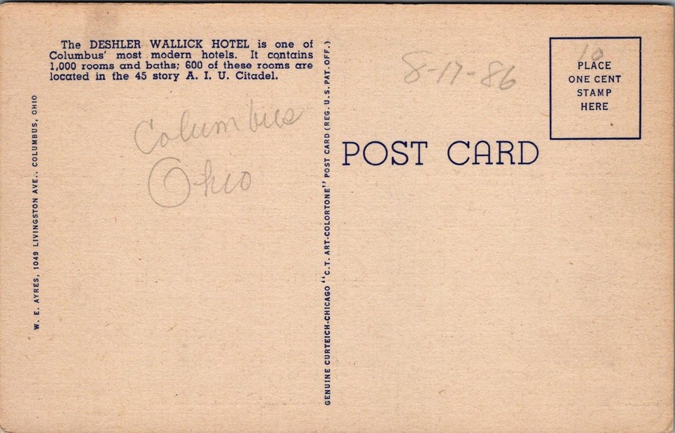 Postcard Deshler Wallick Hotel RKO Theatre and AIU Citadel Columbus OH ...