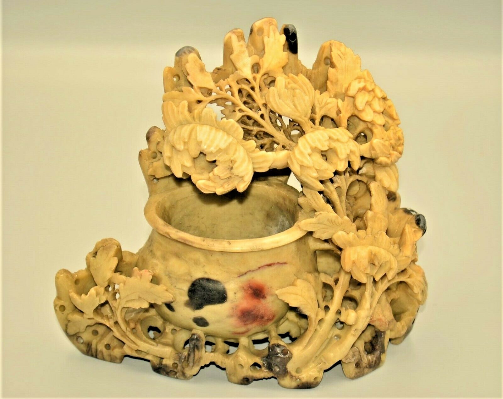 Antique Chinese Carved Soapstone Inkwell Incense Floral Bird Sculpture ...