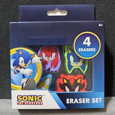 Sonic the Hedgehog Set of 4 Eraser Set~ 1-1/4" x 1-1/4" Brand New~Back ...