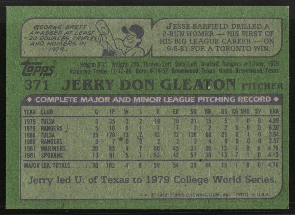 1982 Topps Jerry Don Gleaton #371 Seattle Mariners | eBay