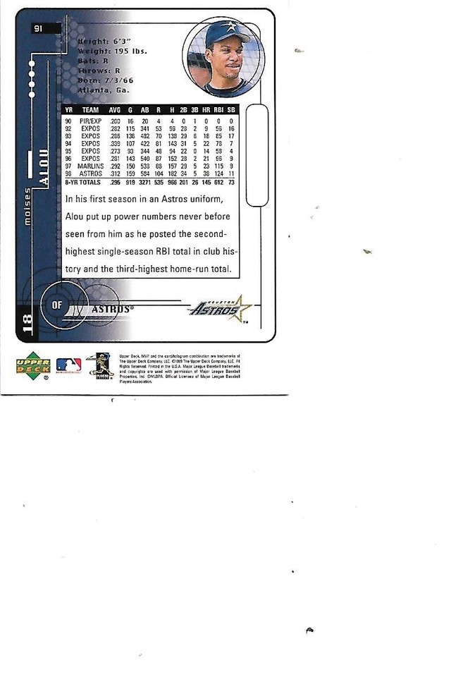 Moises Alou 1999 Upper Deck MVP Baseball Card #91 Houston Astros | eBay