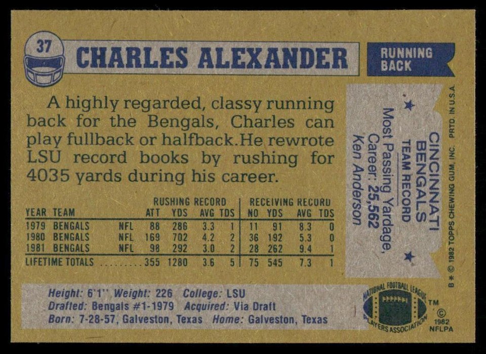 1982 Topps Charles Alexander Football Card #37 Cincinnati Bengals | eBay