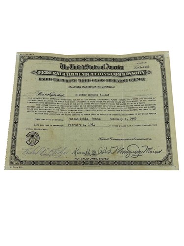 Vintage FCC Radio Telephone Third Class Operator Permit Certificate ...