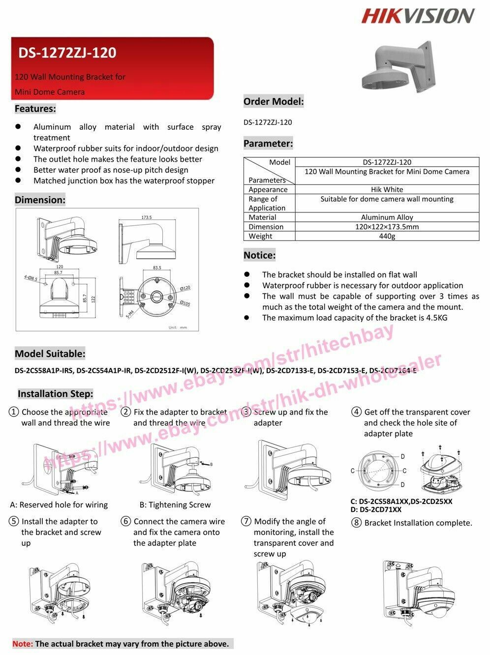 Hikvision Ds-1272zj-120 Wall Mounting Bracket for Ds-2cd2532f Dome ...