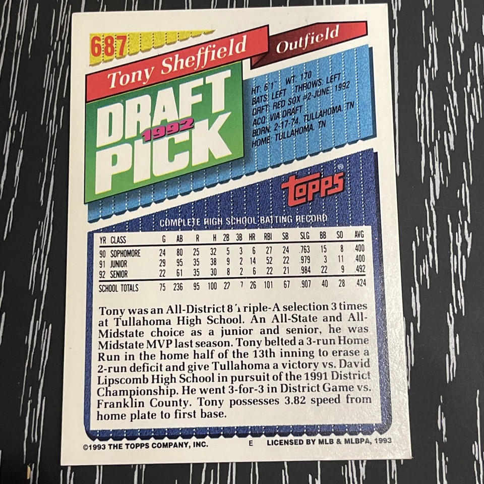1993 TOPPS 1992 DRAFT PICK TONY SHEFFIELD #687 BOSTON RED SOX ROOKIE | eBay