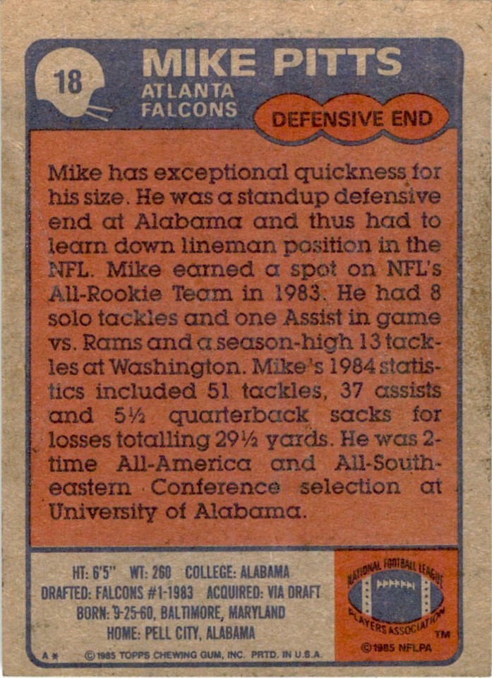 1985 TOPPS! MIKE PITTS ATLANTA FALCONS #18 | eBay